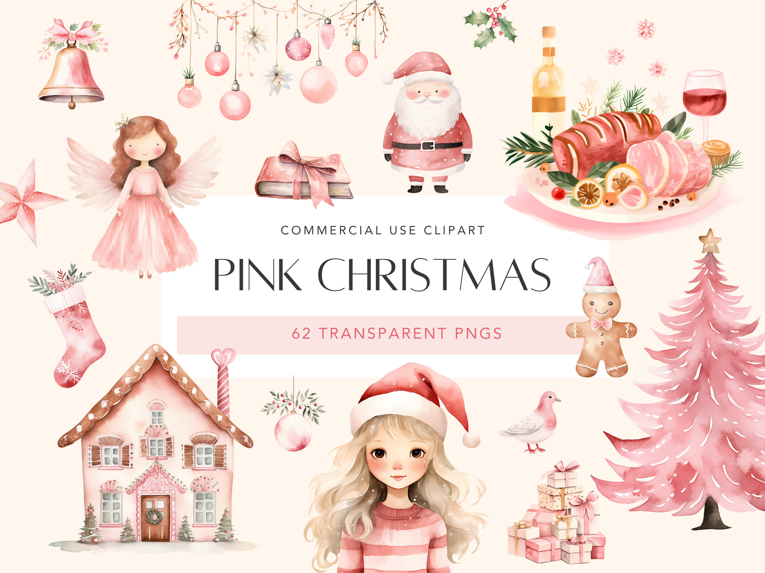 Pink Christmas Clipart Bundle Watercolor Pink Christmas PNG for ...