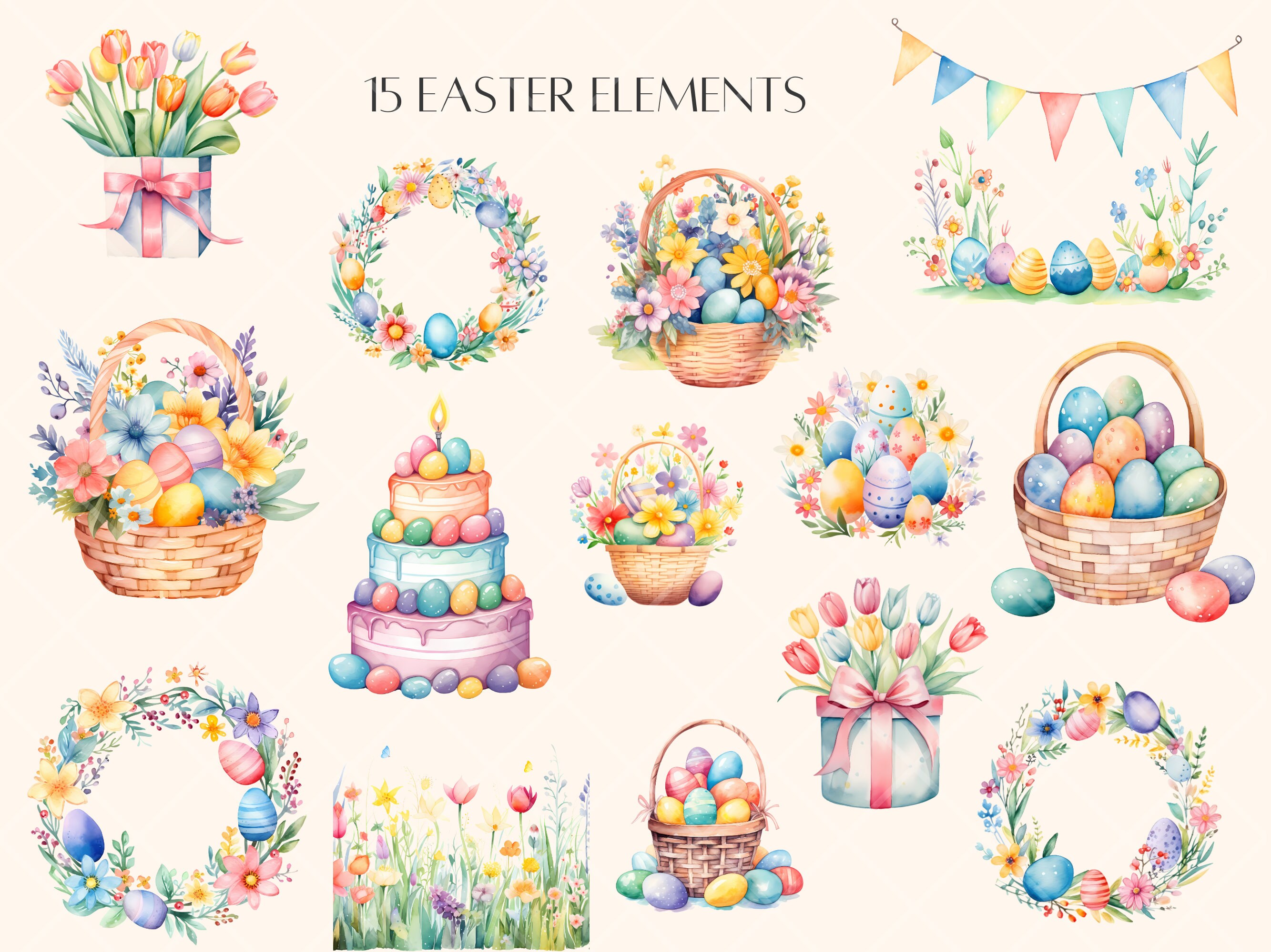 Watercolor Easter Clipart Bundle Pastel Rainbow Easter Spring Clipart ...