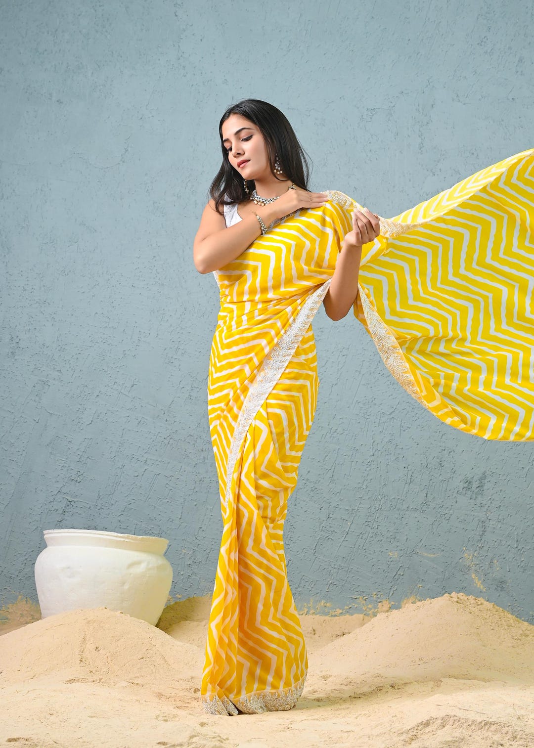 Yellow Color Jaipuri Designer Saree With Digital Lehariya Print on ...