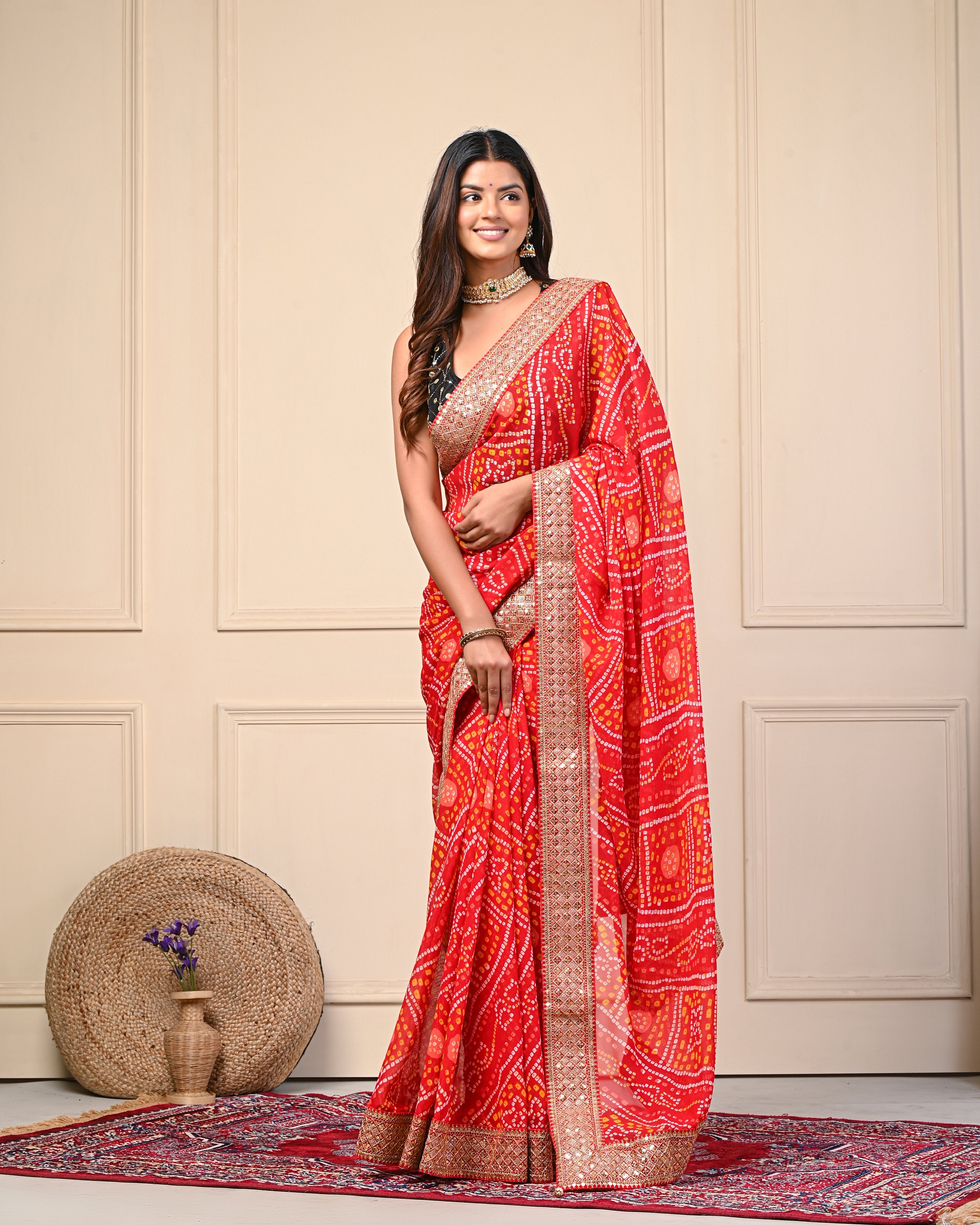 Red Color Jaipuri Style Saree With Digital Bandhani Print on Georgette ...