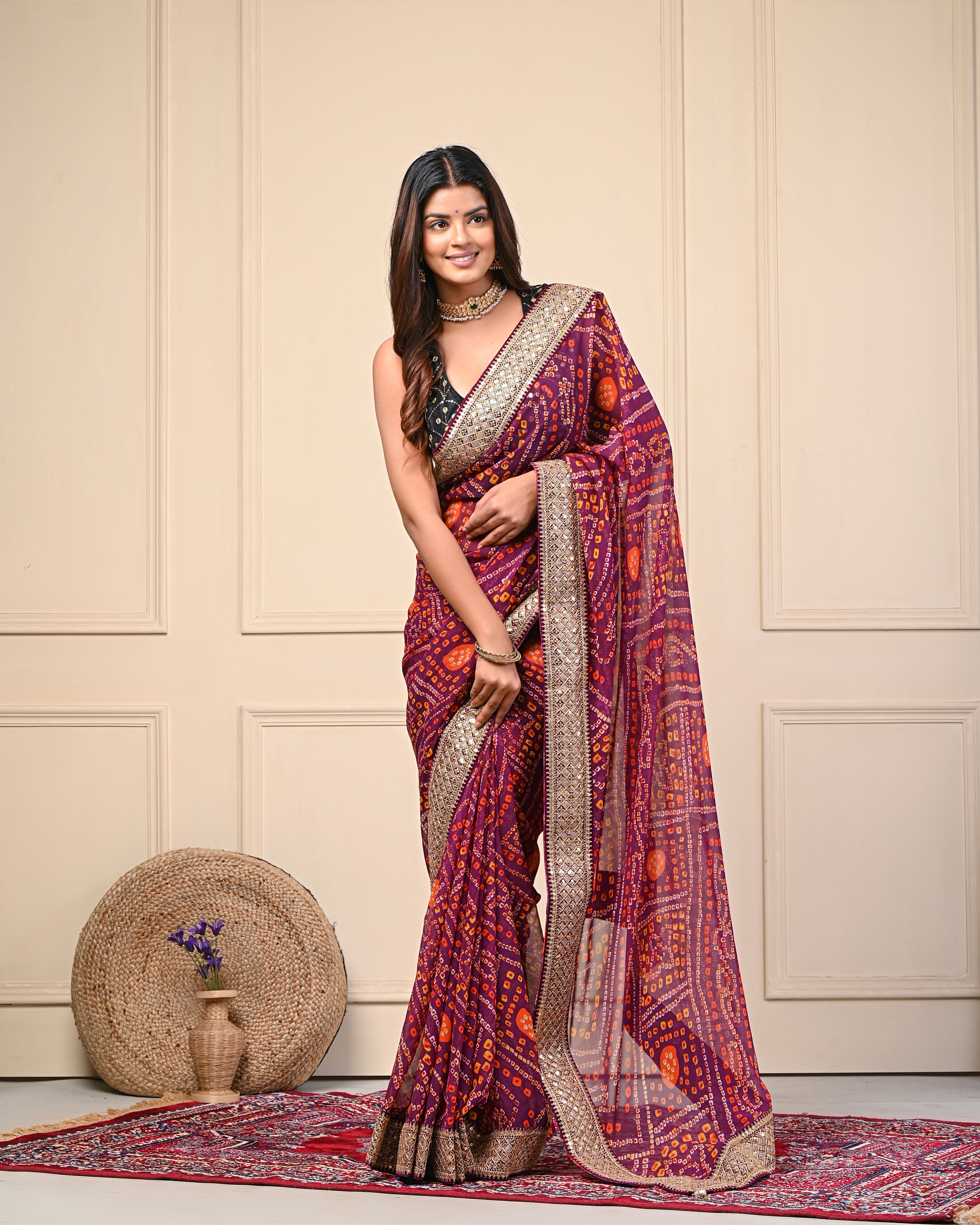 Wine Color Jaipuri Style Saree With Digital Bandhani Print on Georgette ...