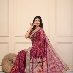 Red Color Jaipuri Style Saree With Digital Bandhani Print on Georgette ...