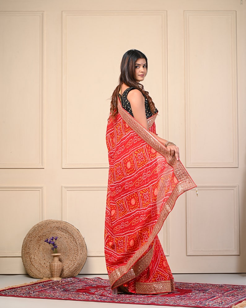 Red Color Jaipuri Style Saree With Digital Bandhani Print on Georgette ...