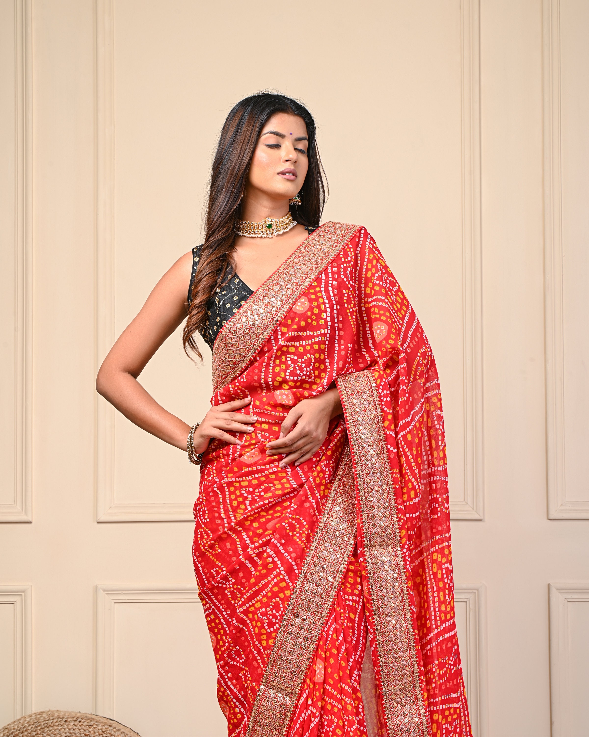 Red Color Jaipuri Style Saree With Digital Bandhani Print on Georgette ...