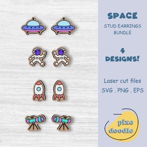 Space Earrings SVG Bundle | Spaceship, Astronaut, Telescope, Rocket, Ufo Stud Earring Glowforge ...