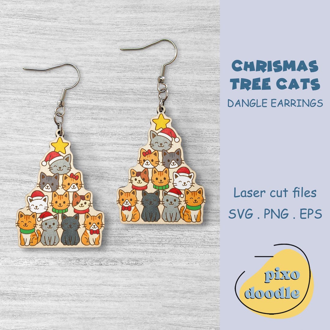 Cat Christmas Tree Earring SVG, Funny Holiday Dangle Earring Laser Cut ...