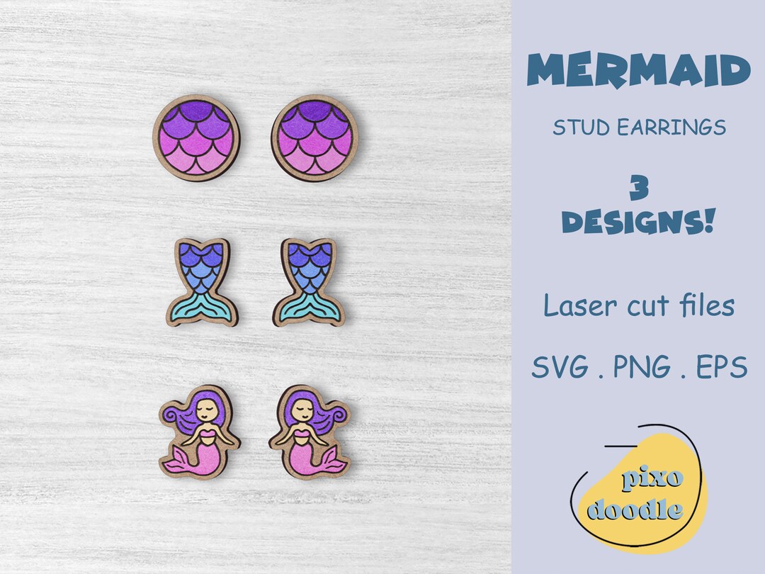 Mermaid Stud Earrings SVG File | Mermaid Tail Earring Glowforge Ready Laser Cut File | Little ...