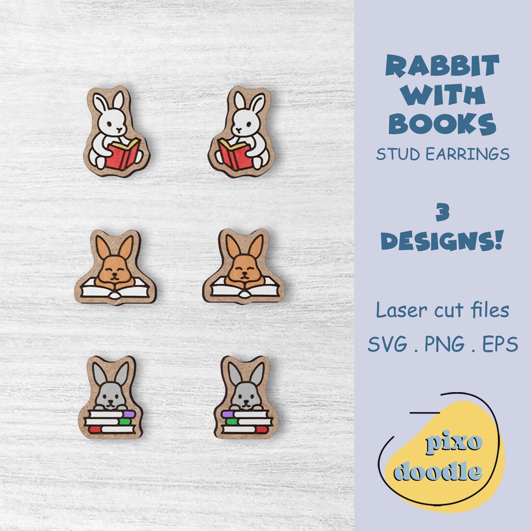 Rabbit With Book Earrings SVG | Reading Bunny, Bunny With Books Stud ...