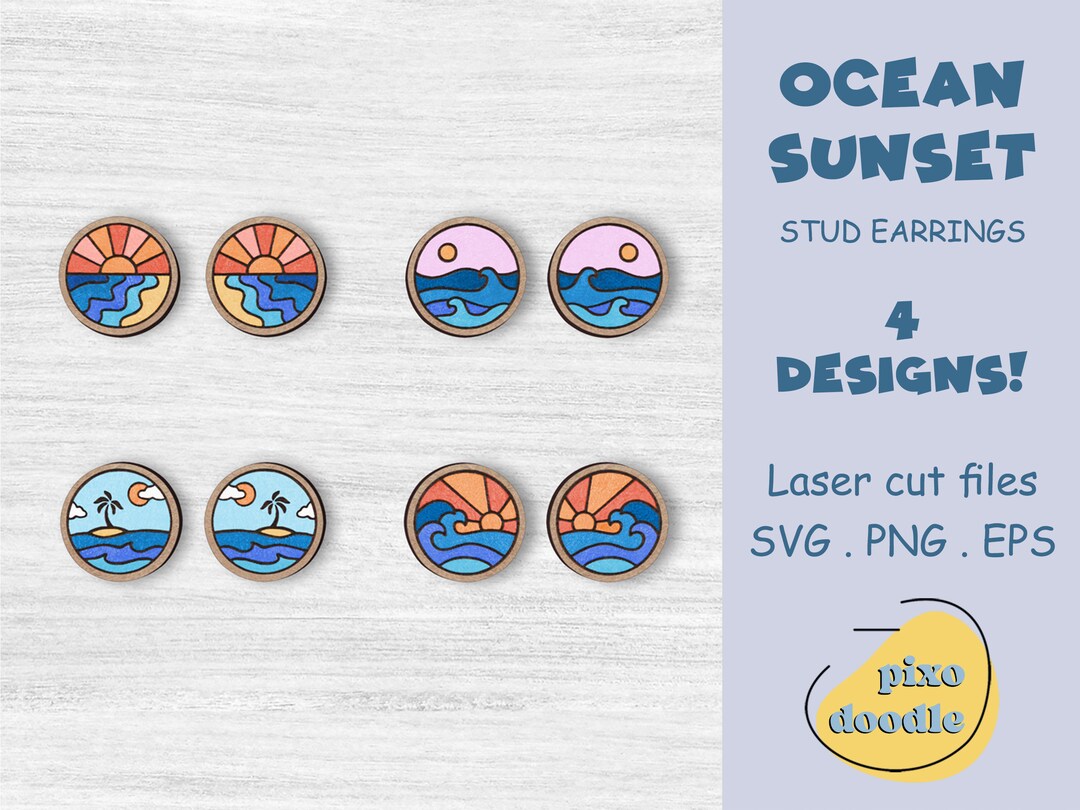 Ocean Sunset Earrings SVG File | Sunrise Sunset Over Ocean Waves Stud ...