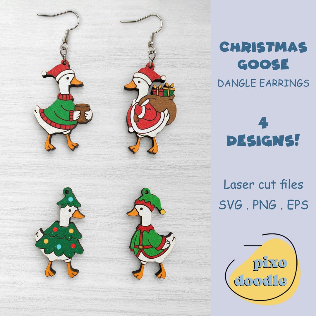 Christmas Goose Earring SVG, 4 Funny Dangle Laser Cut Files, Santa, Elf ...