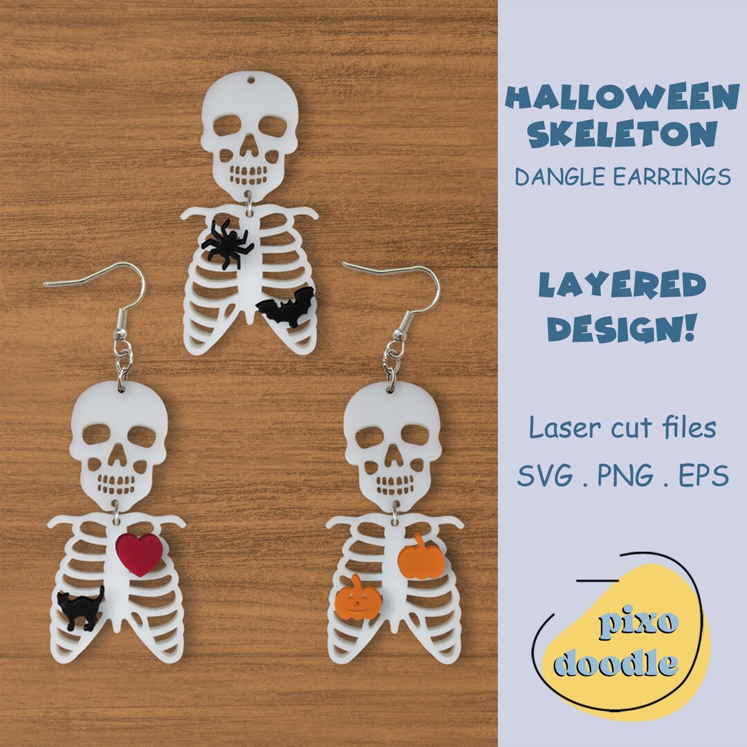 Skeleton Earrings SVG File | Halloween, Skull and Bones Layered Dangle ...