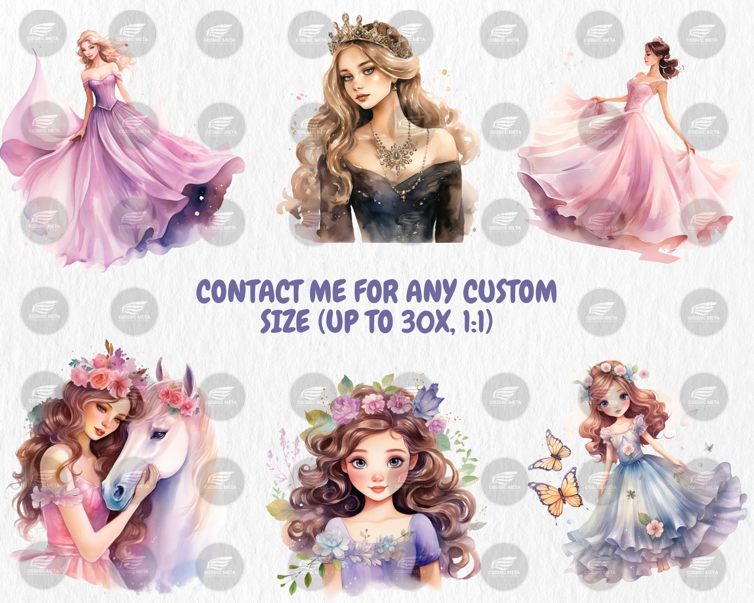 Watercolor Princess Clipart: 40 PNG Illustrations, DIY Party Themes ...