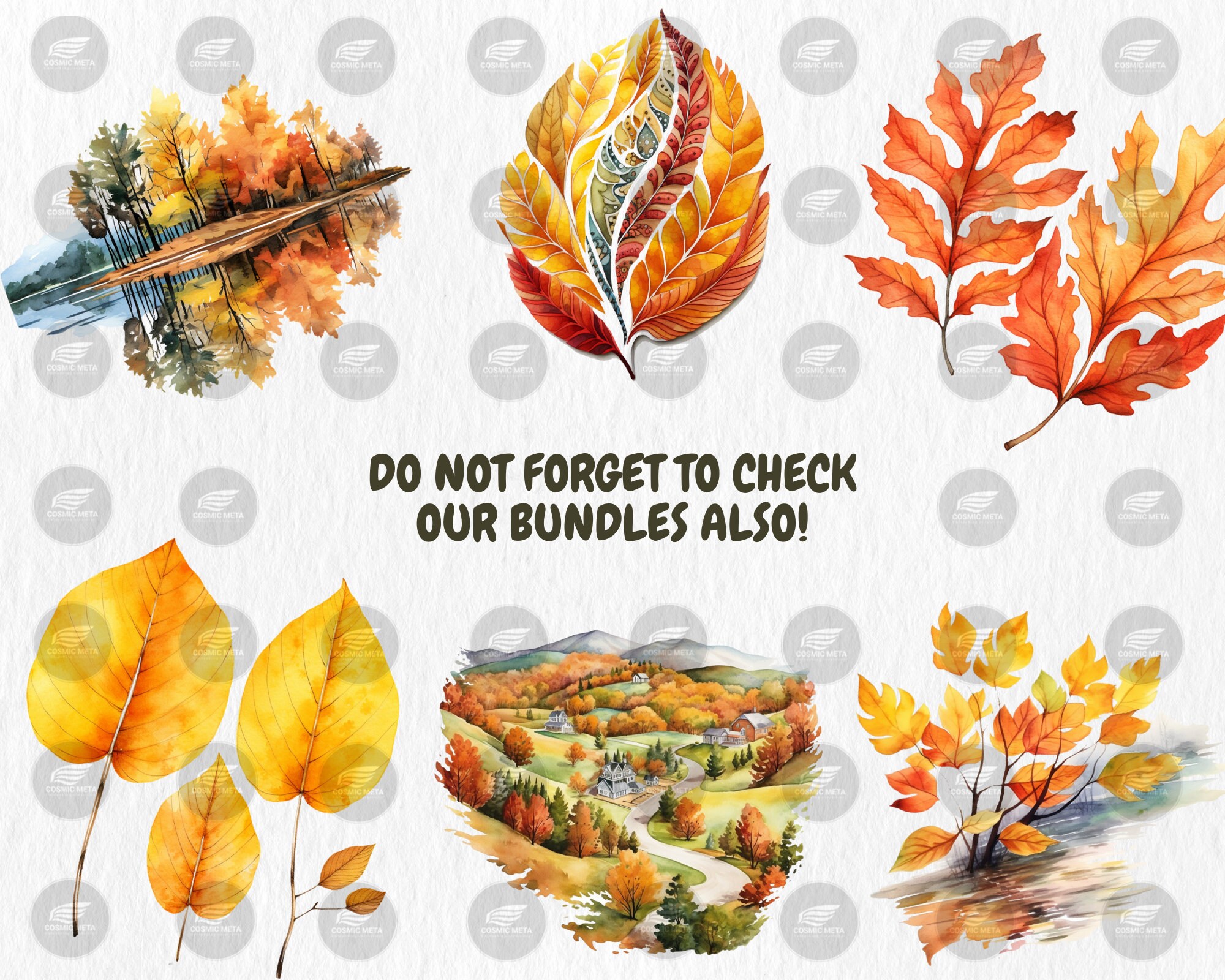 Watercolor Fall Foliage Clipart: 40 PNG Autumn Graphics (commercial Use ...