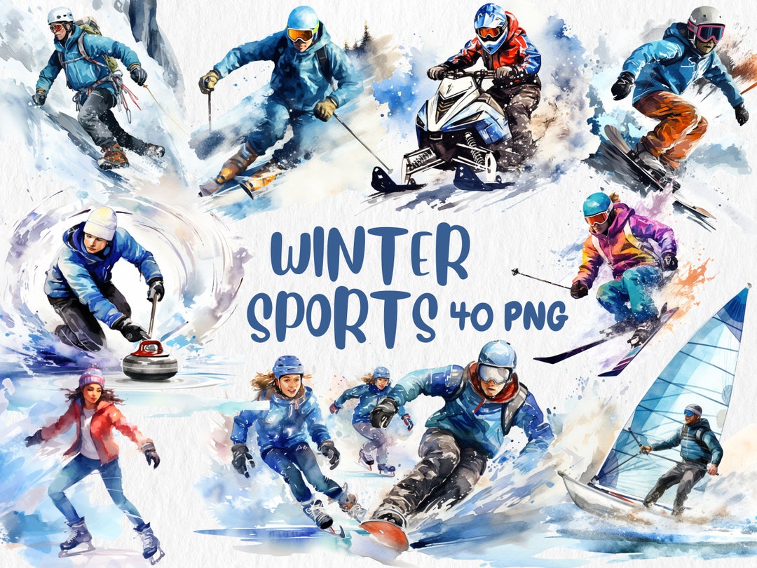 Watercolor Winter Sports Clipart | Snowboarding, Ice Hockey, Curling ...
