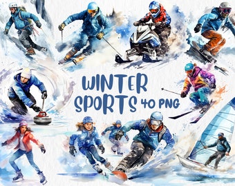 Watercolor Winter Sports Clipart | Snowboarding, Ice Hockey, Curling ...
