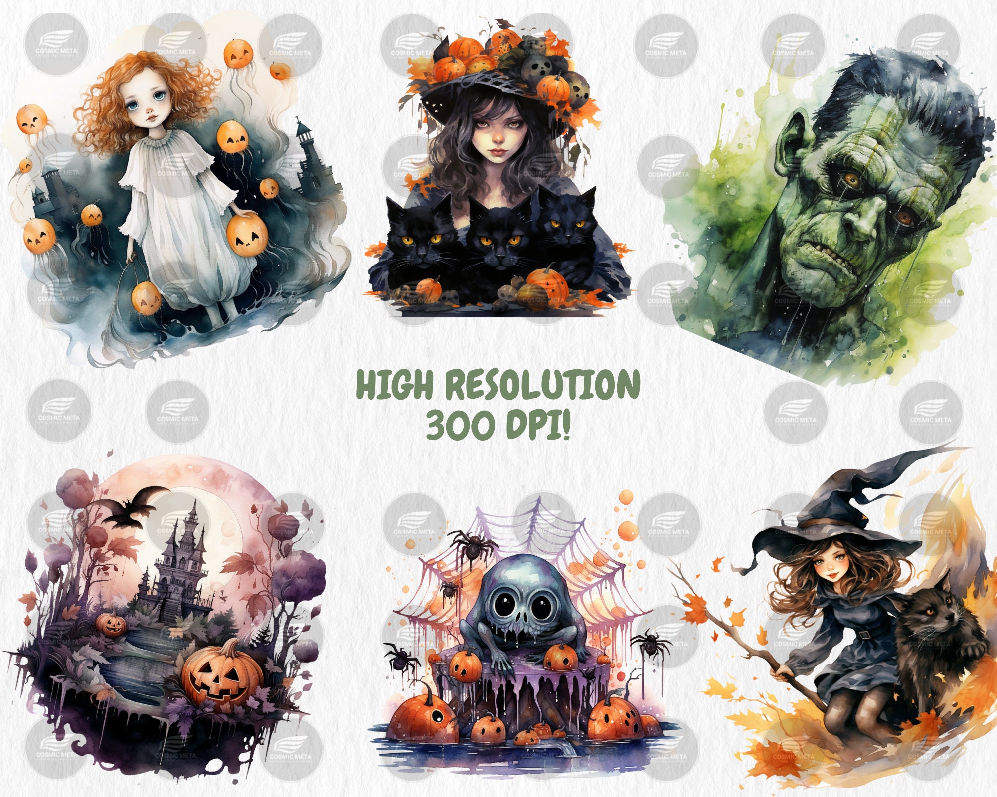 Watercolor Halloween Clipart: 50 PNG Graphics, Spooky Illustrations ...