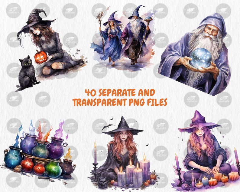 Watercolor Wizards and Witches Clipart: 40 PNG Graphics (commercial Use ...