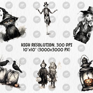 Watercolor Vintage Halloween Clipart: Retro Black and White ...