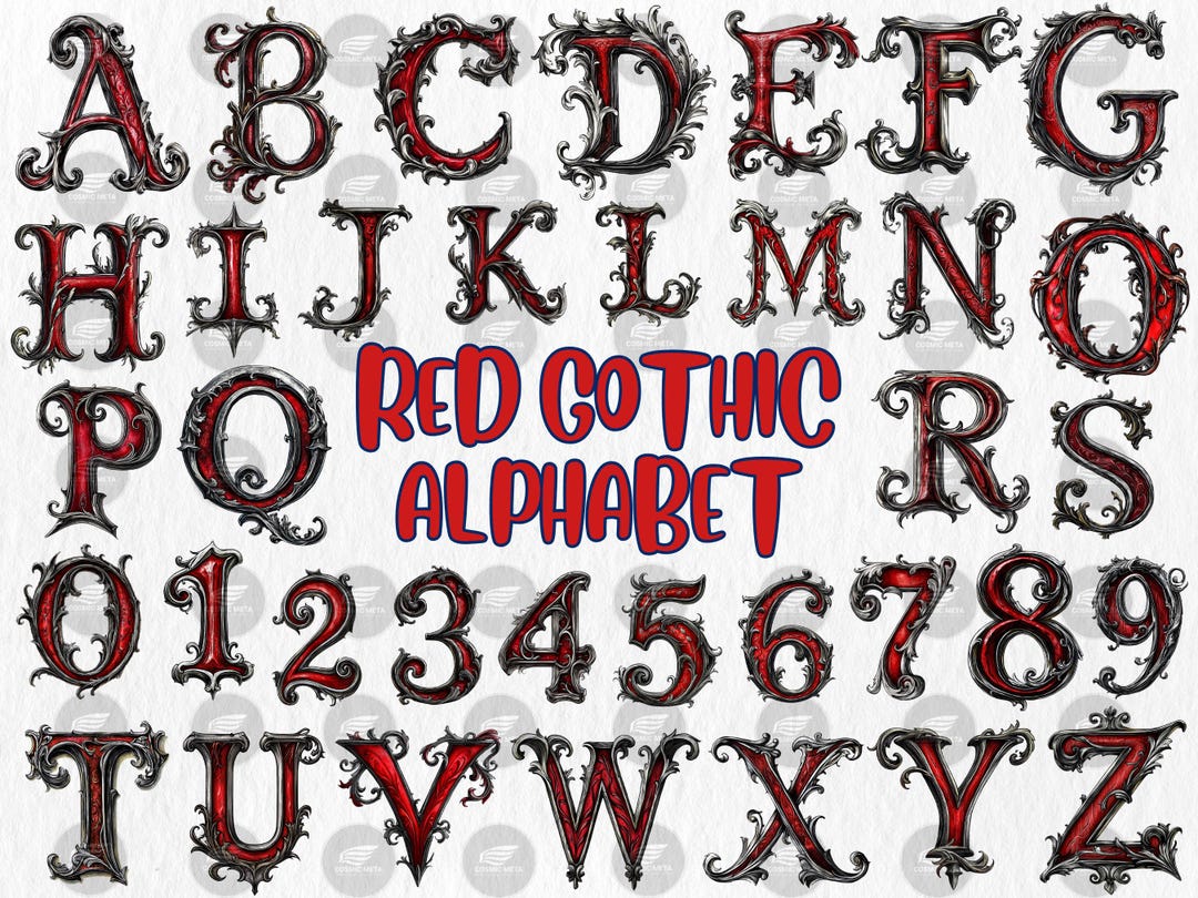 Red Gothic Alphabet Clipart: Medieval Letters & Numbers (PNG Digital ...