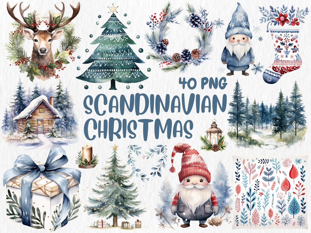 Watercolor Christmas Clipart: Scandinavian Gnome, Village Scene ...