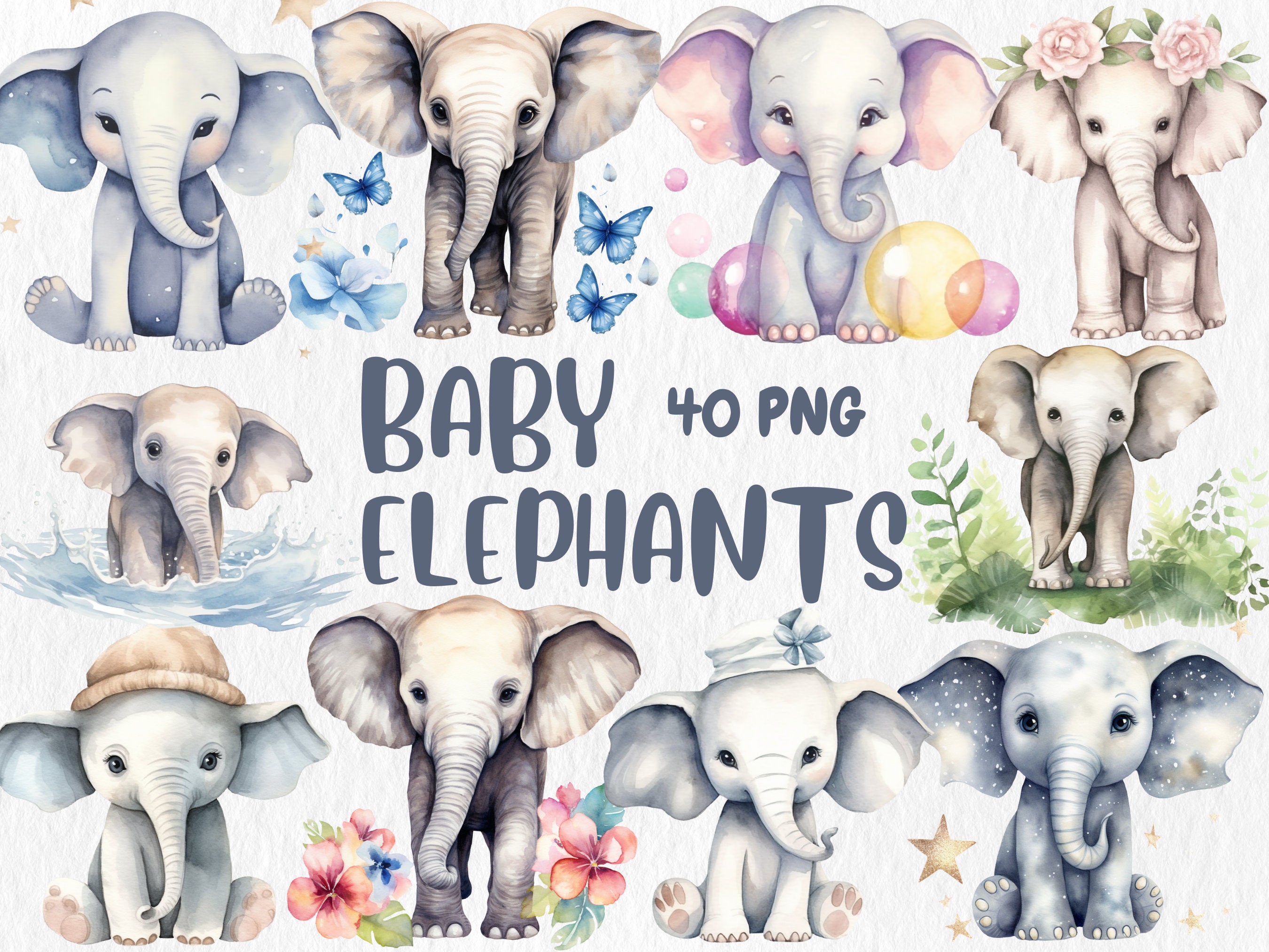 Watercolor Baby Elephants Clipart Baby Elephant - Etsy