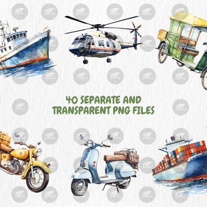 Watercolor Transportation Clipart | Train, Truck, Bus, Motorcycle ...
