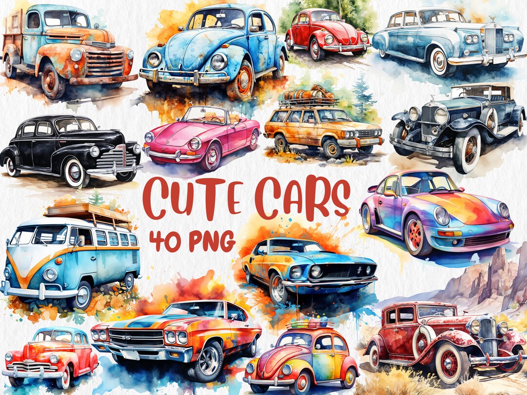 Watercolor Cute Cars Clipart, Coupe, Convertible, Classic, SUV Car ...