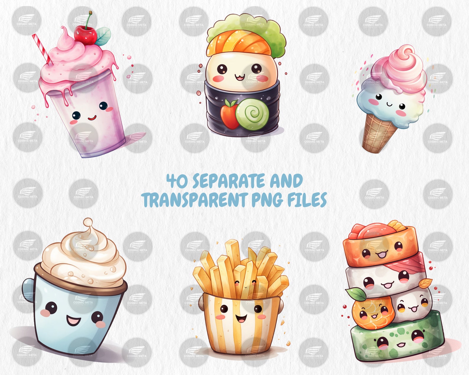 Watercolor Kawaii Food Clipart Milkshake, Pancake, Sushi Roll, Popcorn ...