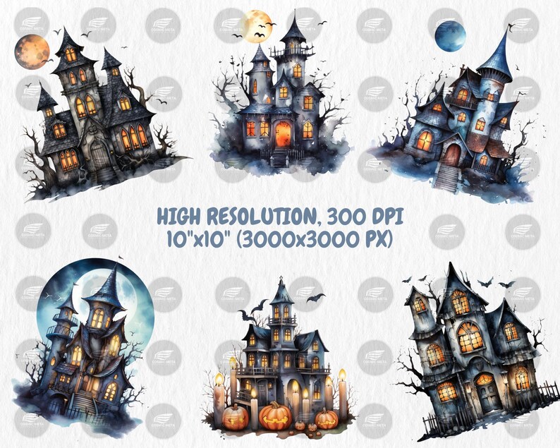 Watercolor Haunted Houses Clipart: Spooky Halloween PNG (digital ...