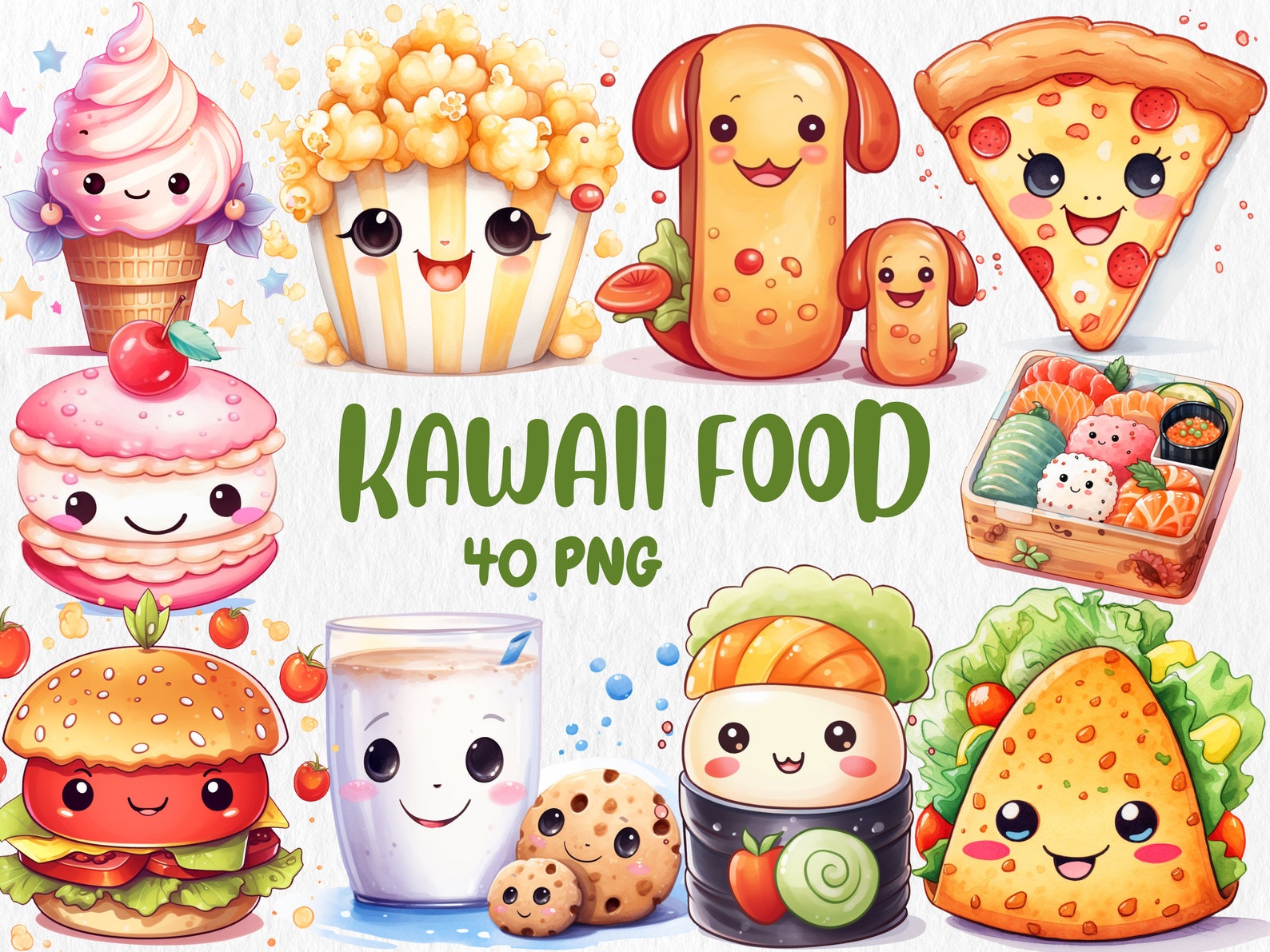 Watercolor Kawaii Food Clipart Milkshake, Pancake, Sushi Roll, Popcorn ...