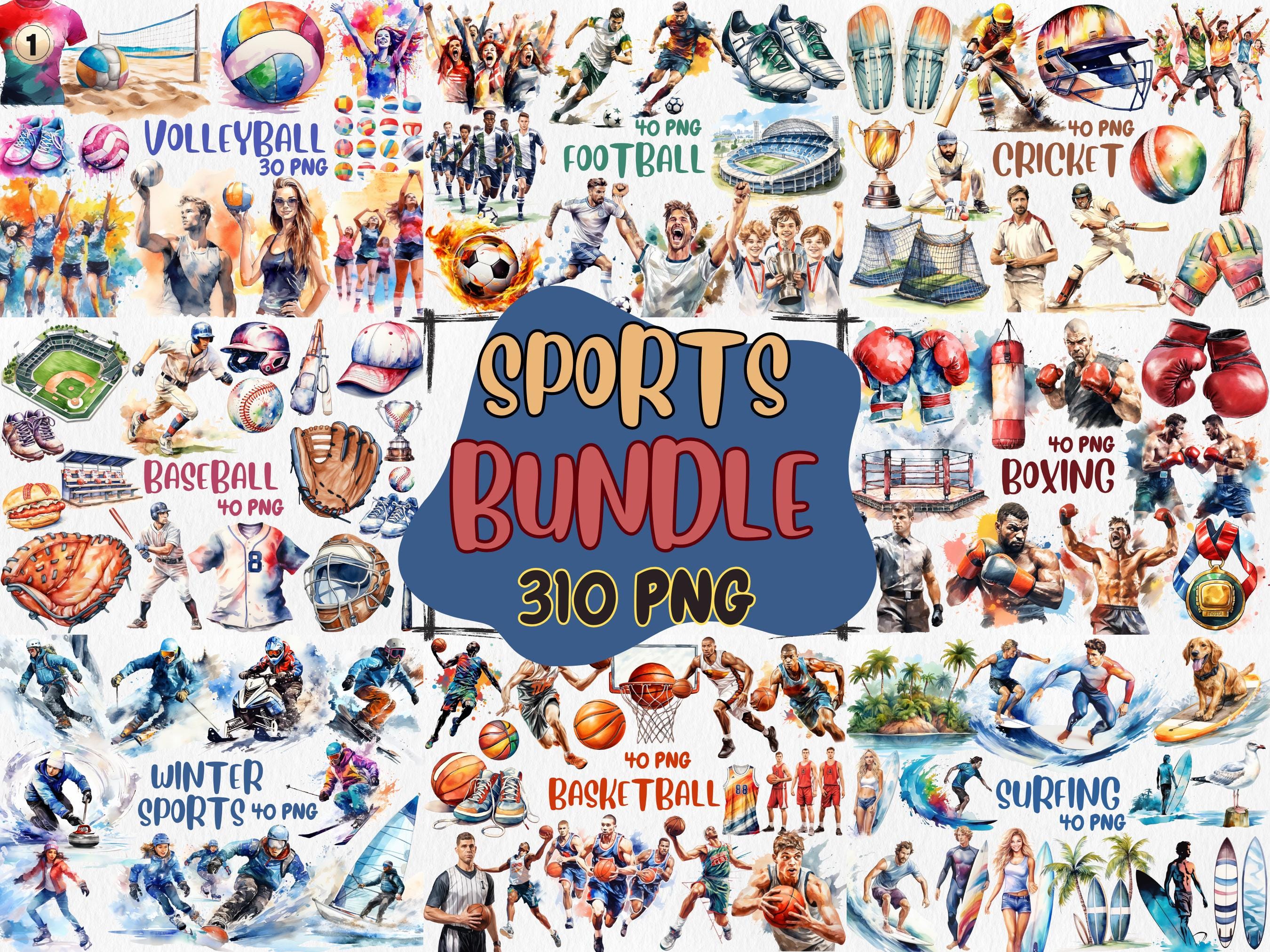 Watercolor Sports Clipart Bundle: 310 PNG Illustrations (digital ...