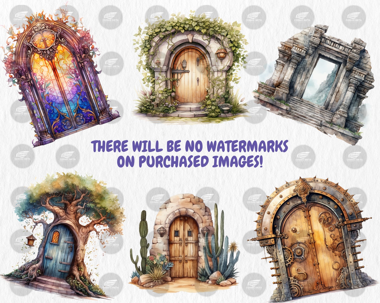 Watercolor Fantasy Doors Clipart Magical Tree Door Castle - Etsy
