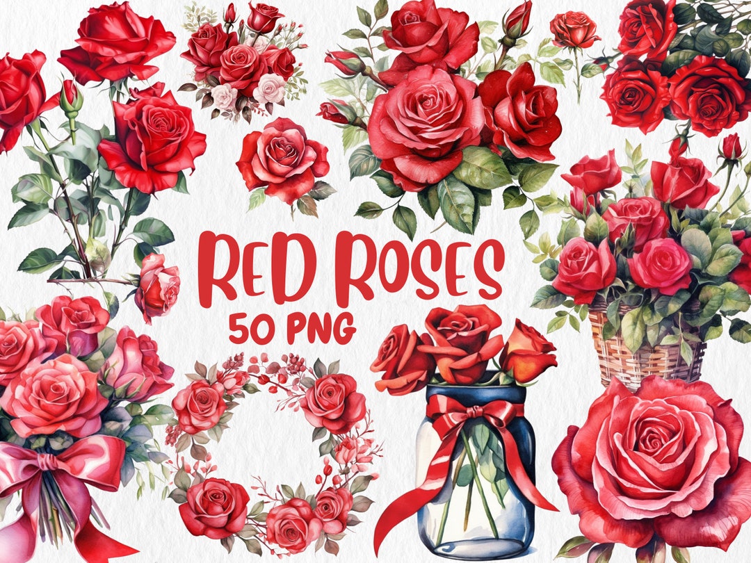 Watercolor Red Roses Clipart | 50 Separate Roses and Leaves Pngs | Red ...