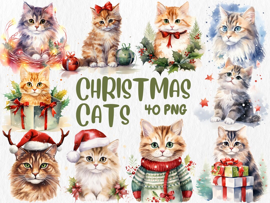 Watercolor Christmas Cats Clipart: Festive Holiday PNG Graphics - Etsy