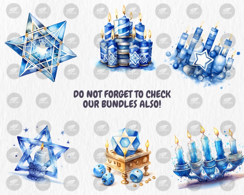 Watercolor Hanukkah Clipart: Menorah, Dreidel, Star of David (instant ...