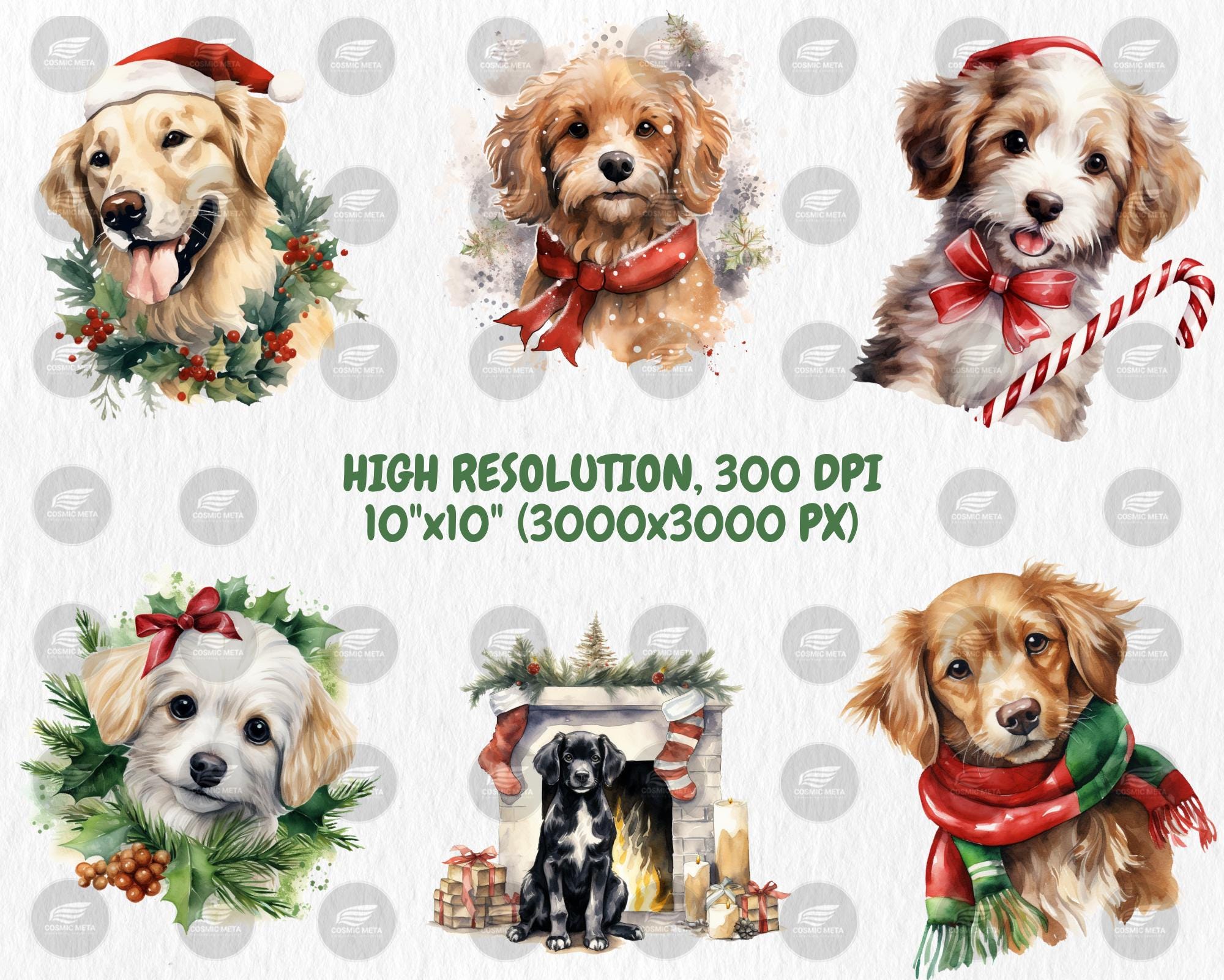 Watercolor Christmas Dogs Clipart: Festive Puppy Illustrations (40 PNG ...
