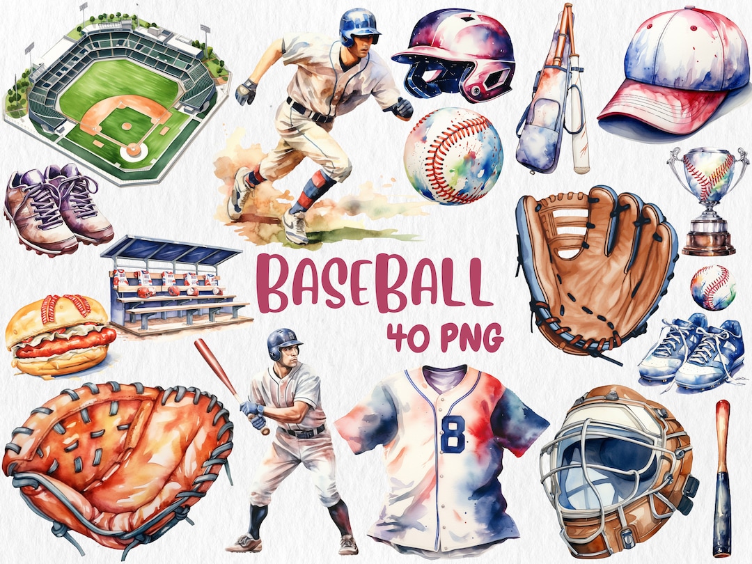 Watercolor Baseball Clipart: Player, Bat, Glove Illustrations (instant ...