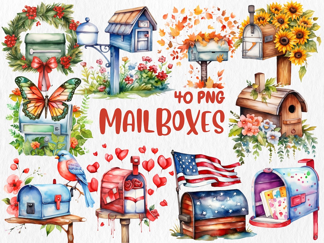 Watercolor Mailboxes Clipart | Post Box, Floral Mailbox, Letter Box ...