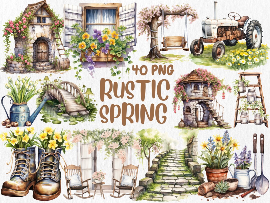 Watercolor Rustic Spring Clipart | Farmhouse, Barn, Wooden, Flower ...
