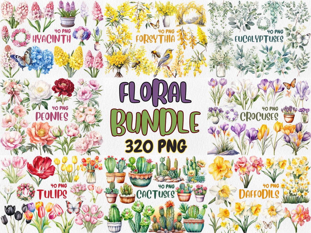 Watercolor Floral Mega Clipart Bundle | Cactus, Daffodil, Tulip, Crocus ...