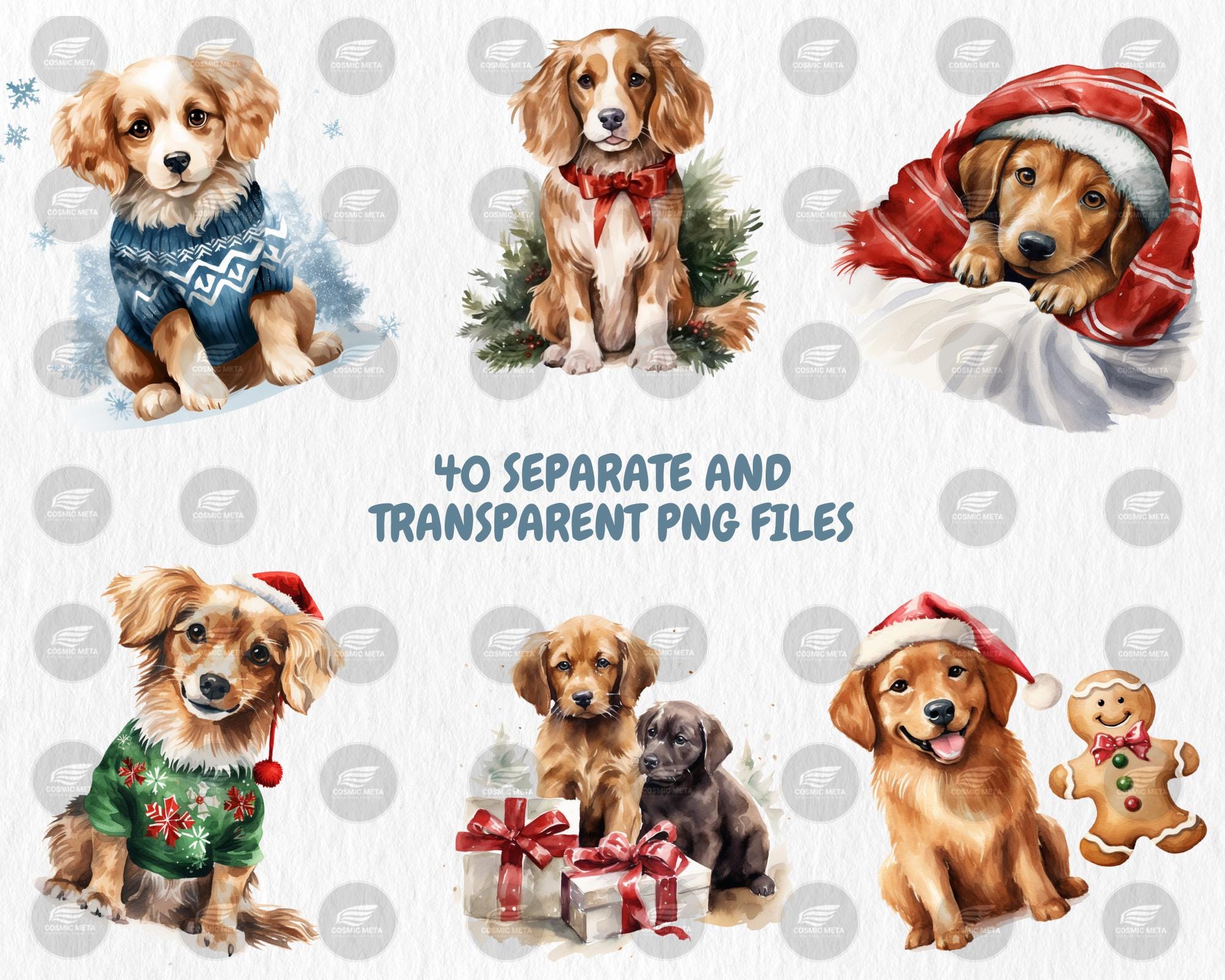Watercolor Christmas Dogs Clipart: Festive Puppy Illustrations (40 PNG ...