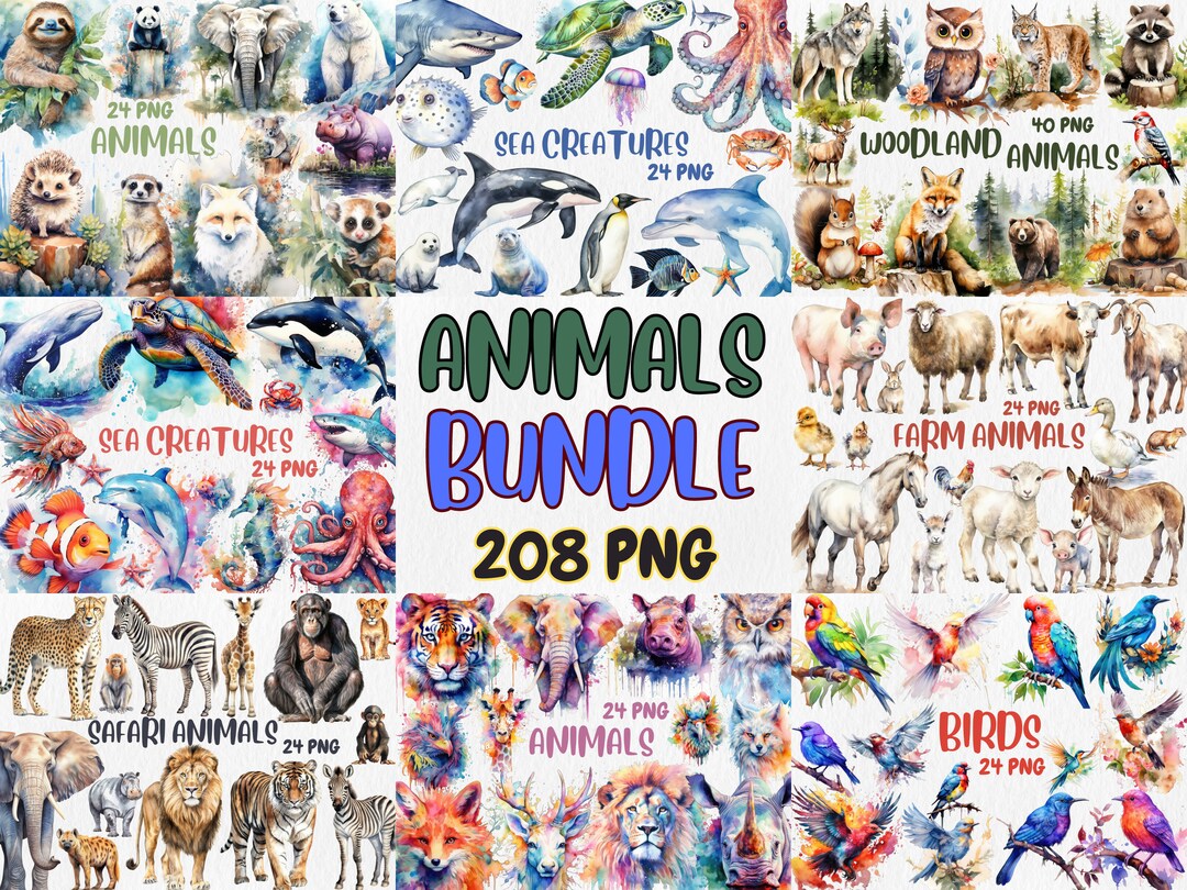 Watercolor Animals Clipart Bundle: 208 PNG Images (commercial Use) - Etsy