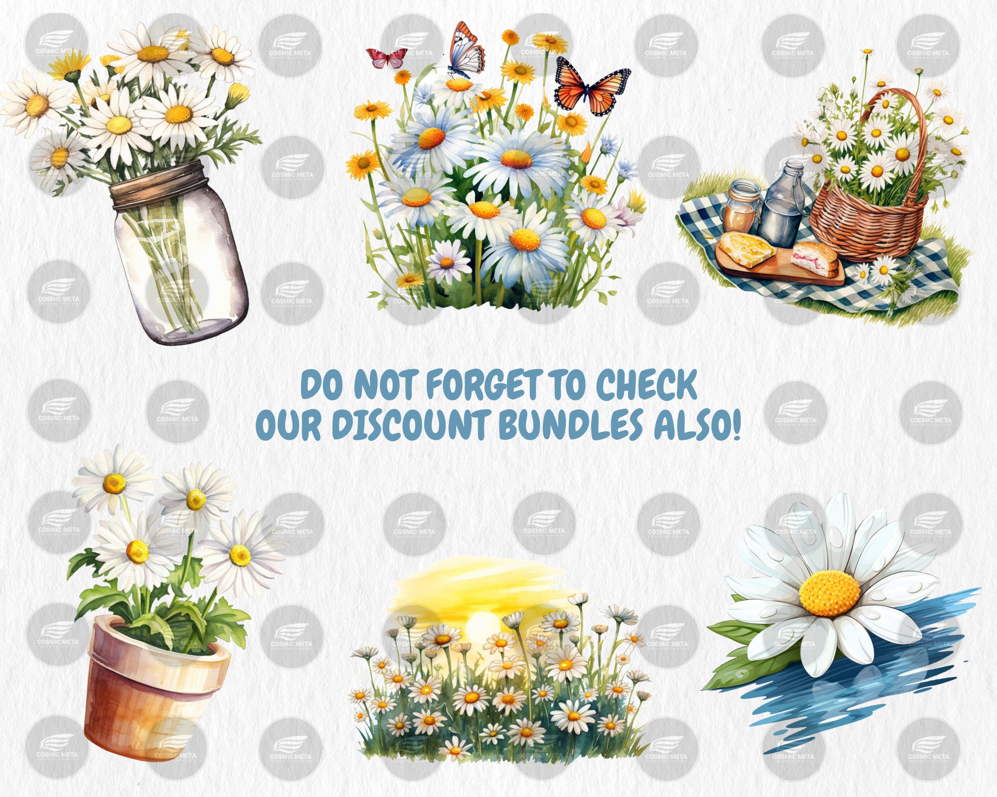 Watercolor Daisy Clipart: Spring Floral Bouquet Illustrations (instant ...