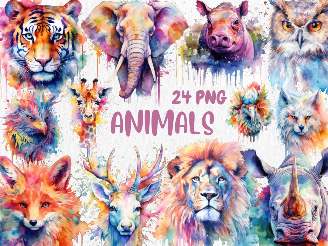 Watercolor Animal Clipart: 24 Colorful PNG Illustrations (commercial ...