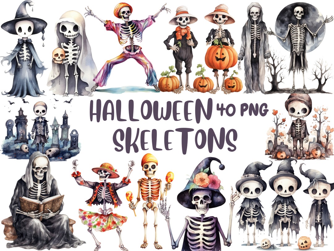 Watercolor Halloween Skeletons Clipart | Skeleton, Pumpkin, Bat ...