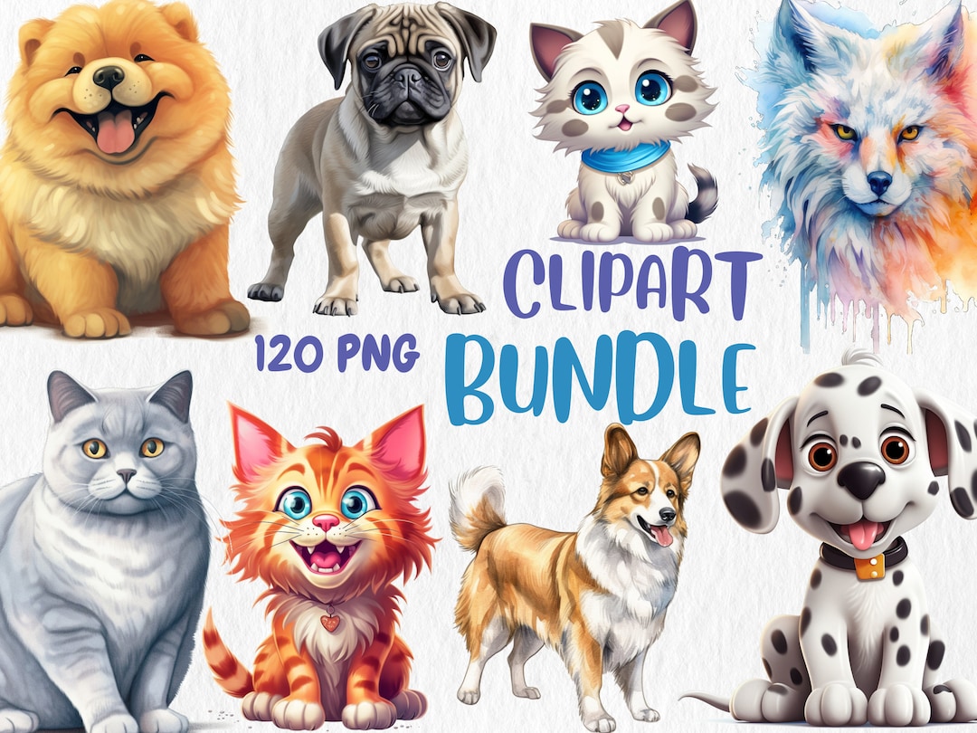 Watercolor Dogs & Cats Clipart Bundle: 120 PNG Animal Graphics (digital ...