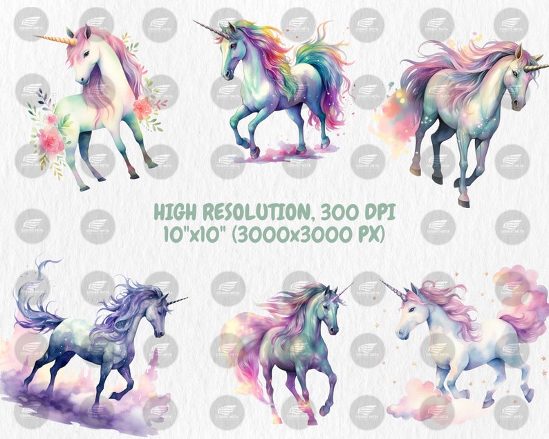Watercolor Unicorn Clipart: Rainbow Fantasy Illustrations (digital ...