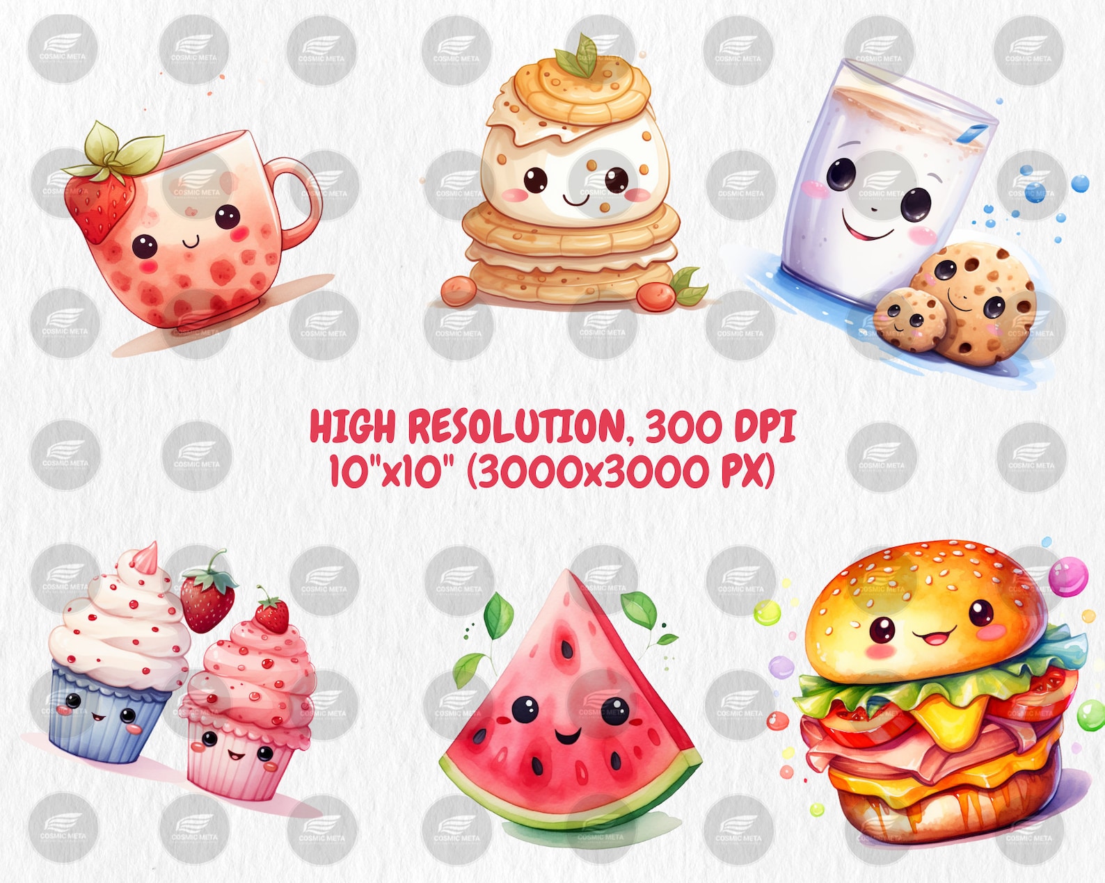 Watercolor Kawaii Food Clipart Milkshake, Pancake, Sushi Roll, Popcorn ...