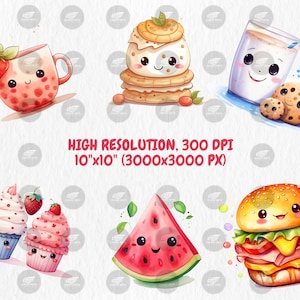 Watercolor Kawaii Food Clipart | Milkshake, Pancake, Sushi Roll ...