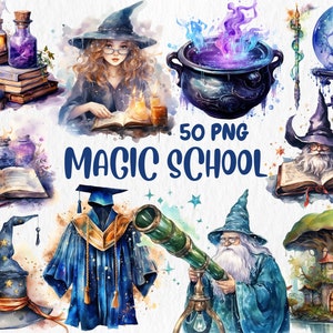 Watercolor Magic School Clipart Wizard School, Wizard's Robe, Cauldron ...